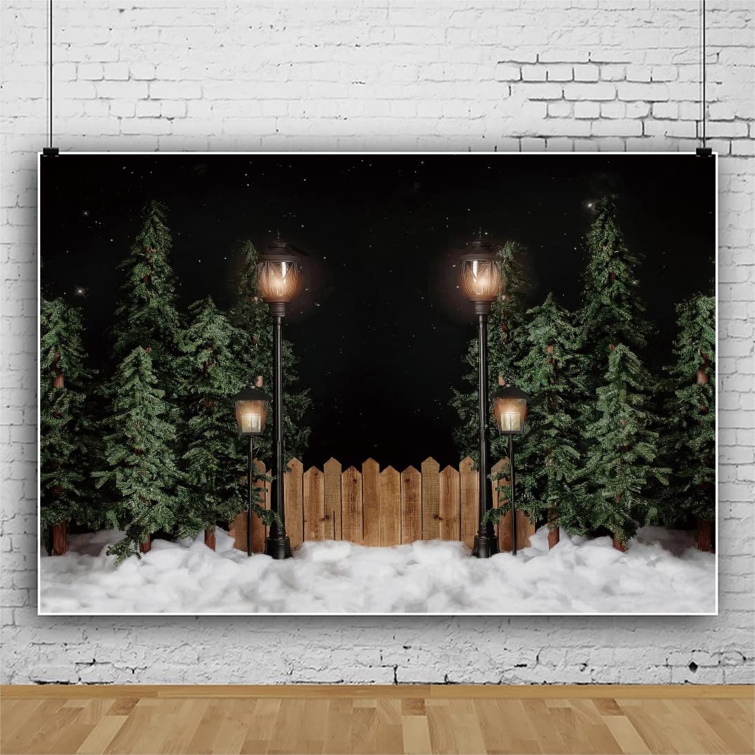 Yeele 5x3ft Winter Snow Night Backdrop Christmas Forest Scene Green Pine Tree Street Lights Photography Background Fairy Wonderland Kids Xmas New Year Party Decor Banner