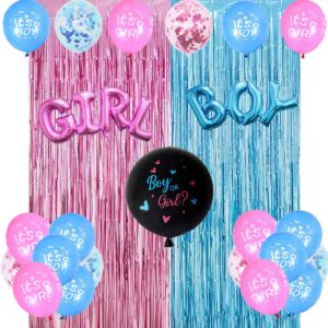 wiletasz boy or girl gender reveal decorations, baby gender reveal decorations pink and blue balloons with fringe curtains reveal balloon for gender reveal party photo backdrop