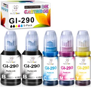 miss deer compatible 290 ink refill bottles replacement for canon gi290 gi-290 refill ink kit for canon pixma g4210 g3200 g4200 g2200 g1200 megatank printers (2 black 1 cyan 1 magenta 1 yellow) 5-pack