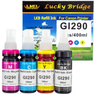 lucky bridge 400ml gi290 compatible refill ink for gi-290 gi290 color ink kit for canon pixma g4200 g4210 g3200 g1200 g2200 printer 100ml for 1bk 1m 1c 1y(4pk=400ml)-us