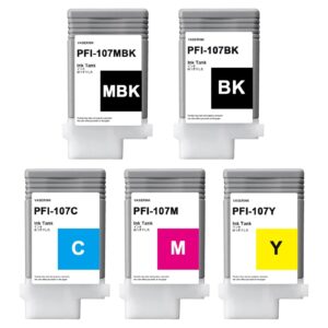 PFI-107 130-ml Full Color Ink Tank Set(5-Pack,Matte Black/Black/Cyan/Magenta/Yellow) VASRINK Compatible PFI-107MBK PFI-107BK PFI-107C PFI-107M PFI-107Y Replacement for Canon iPF680 685 780 785 Printer