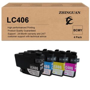 zhinguan remanufactured lc406bk lc406c lc406m lc406y for brother lc406 ink cartridges mfc-j4335dw mfc-j4345dw mfc-j4535dw mfc-j5855dw mfc-j5955dw mfc-j6555dw mfc-j6955dw ink cartridge (4-pack)