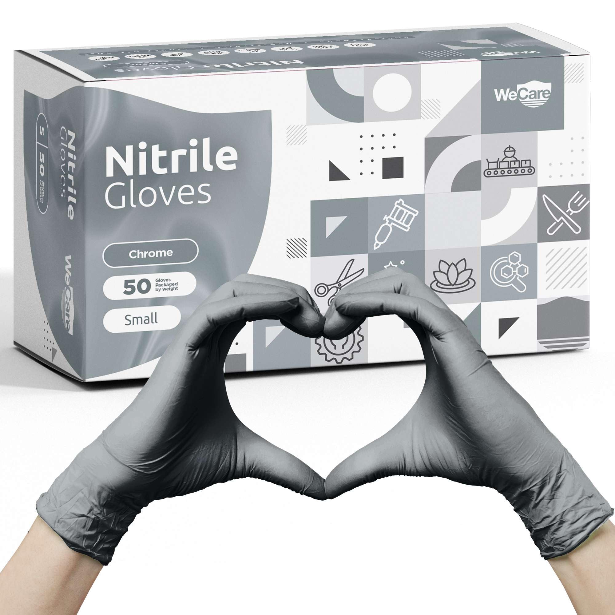 WECARE Chrome Disposable Nitrile Gloves Small - 50 Pack - 3 Mil - Powder and Latex Free - Non-Sterile - Food Safe Gloves