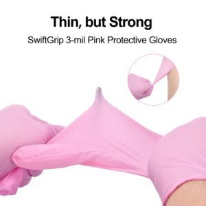 SwiftGrip Pink Disposable Exam Gloves, 3-mil, X-Small, 50-ct Box, Powder-Free, Latex-Free, Medical Grade Gloves for Cleaning & Esthetician