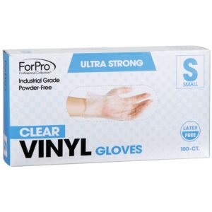 forpro professional collection disposable vinyl gloves, clear, industrial grade, powder-free, latex-free, non-sterile, food safe, 2.75 mil. palm, 3.9 mil. fingers, small, 100-count