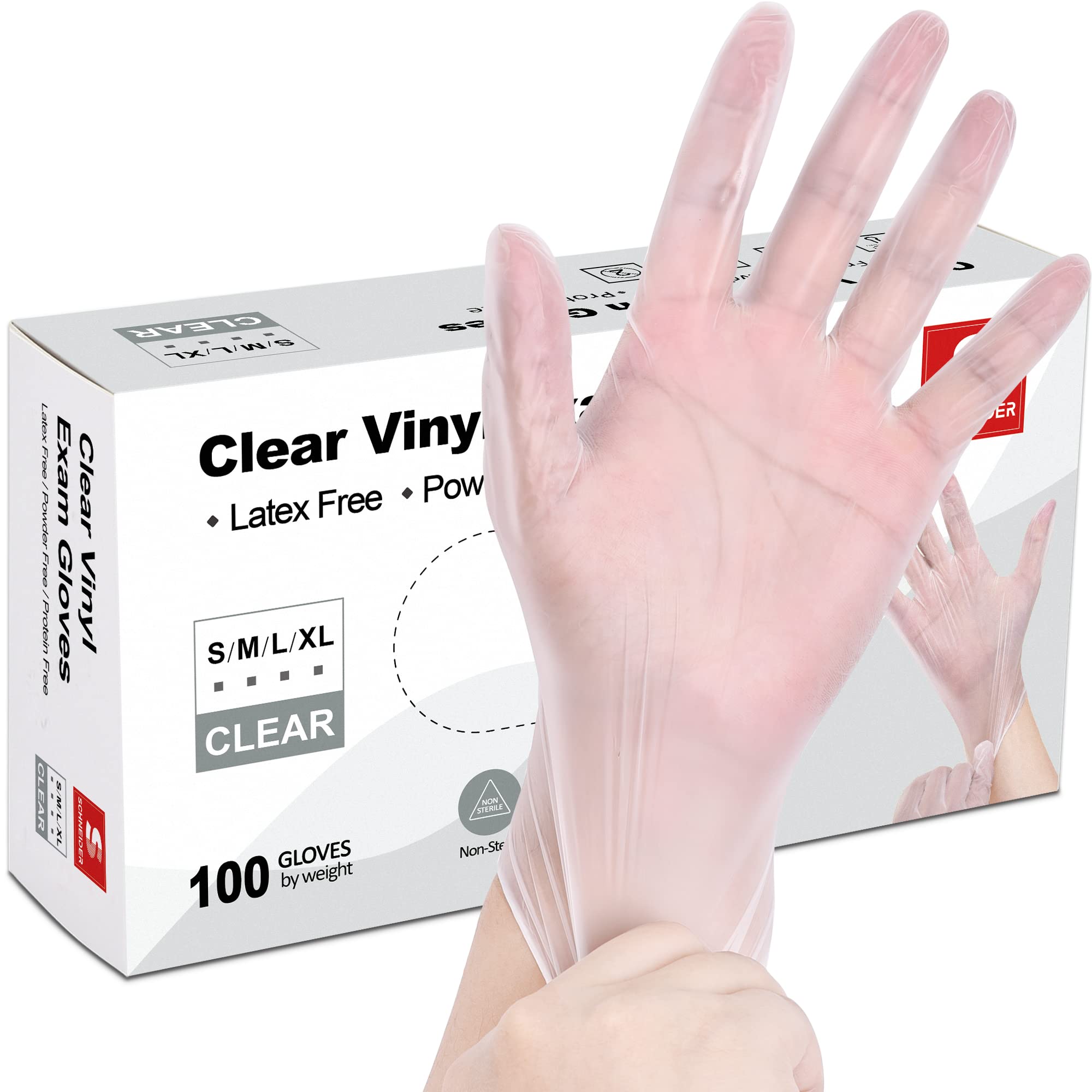 Schneider Clear Vinyl Exam Gloves, 4-mil, Small 100-ct Box, Latex-Free Disposable Rubber Gloves For Medical, Cleaning, Food Prep - Food Safe , Powder-Free, Non-Sterile