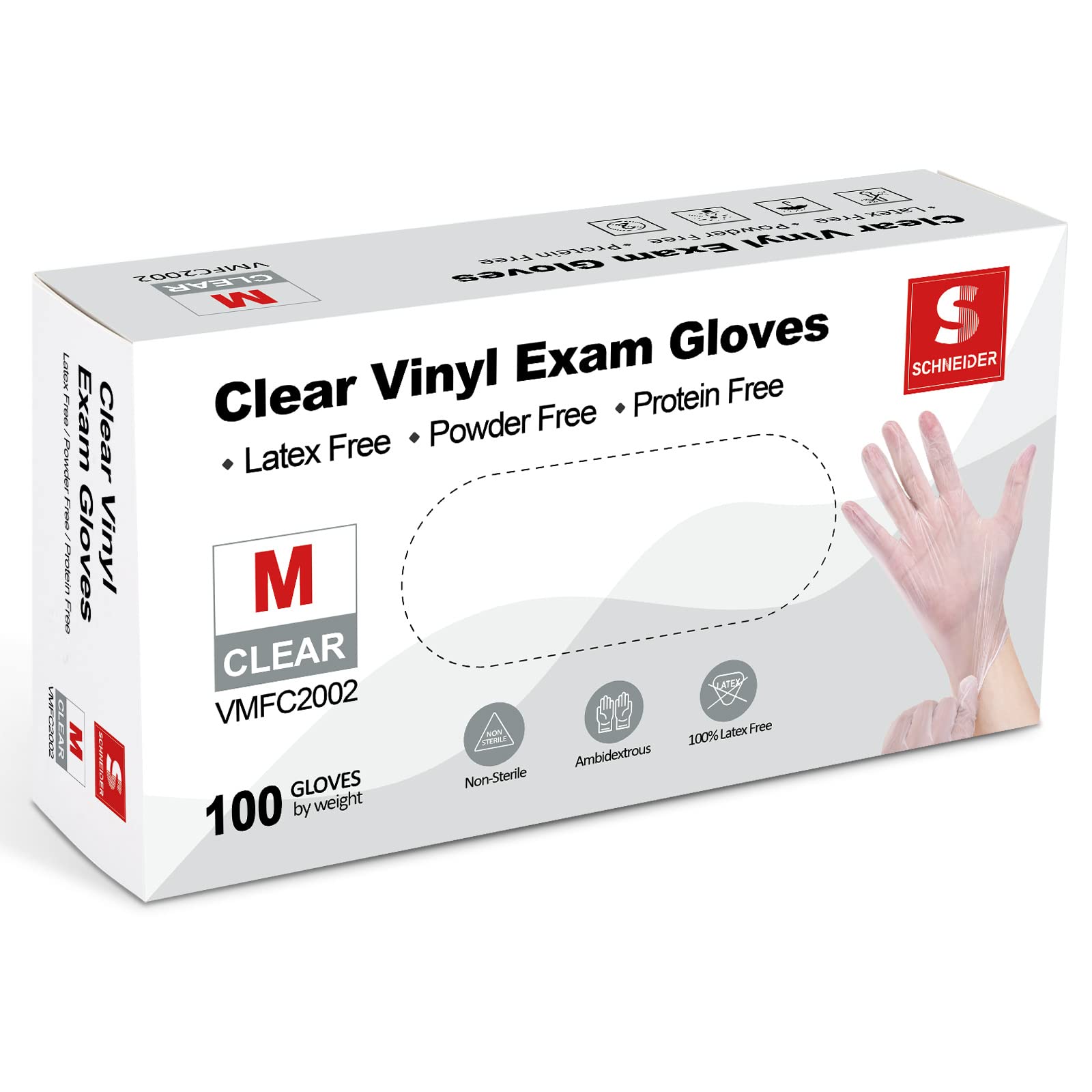 Schneider Clear Vinyl Exam Gloves, 4-mil, Small 100-ct Box, Latex-Free Disposable Rubber Gloves For Medical, Cleaning, Food Prep - Food Safe , Powder-Free, Non-Sterile