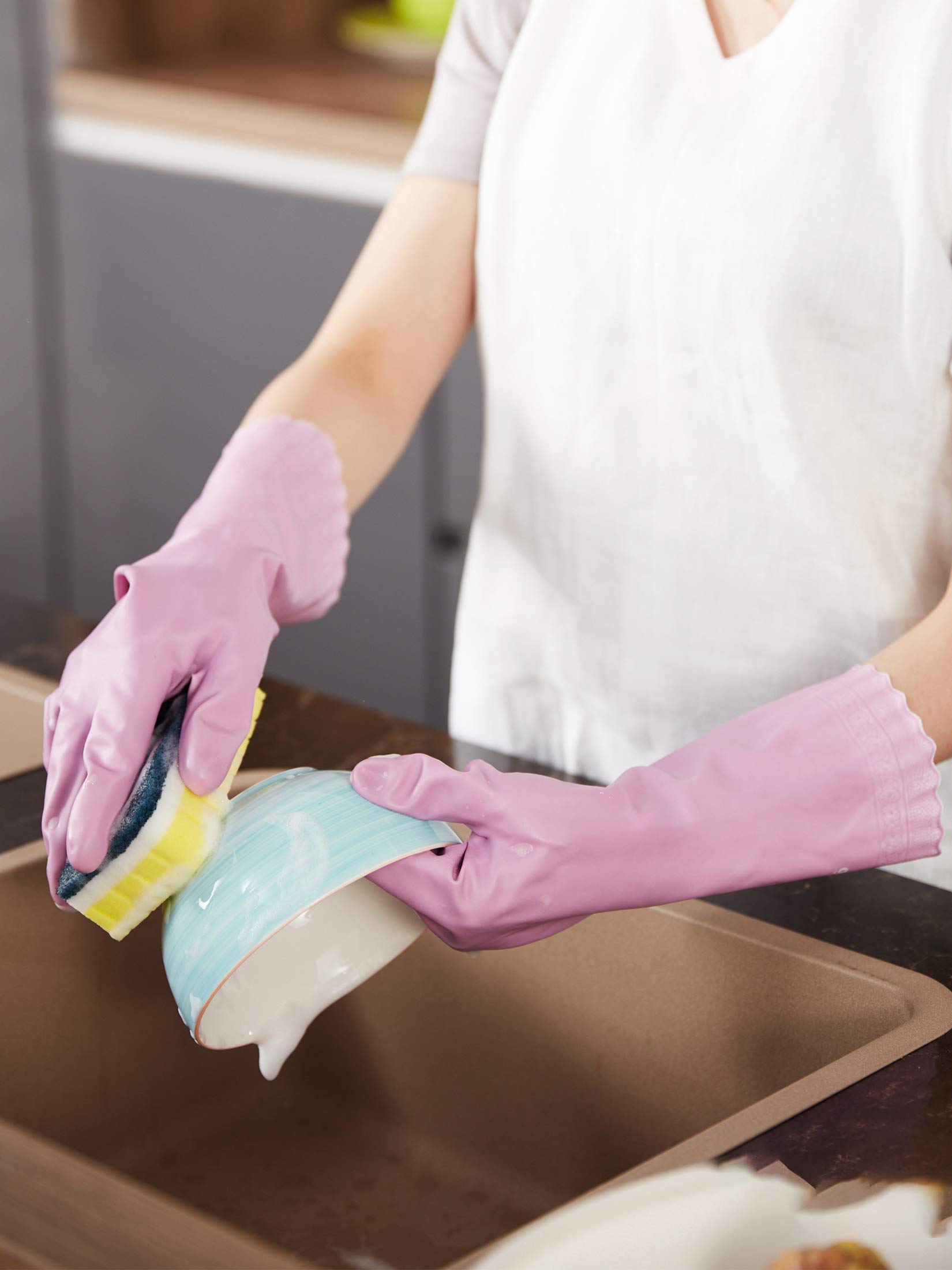 LANON wahoo Skin-Friendly Cleaning Gloves, Dishwashing Kitchen Gloves with Cotton Flocked Liner, Reusable, Non-Slip, Mauve Mist, Small