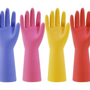 Rubber Kitchen Dishwashing Gloves - 4 Pairs Colorful Reusable Household Cleaning Gloves for Washing Dishes and Cleaning Tasks, Flexible Long-lasting and Non-Slip (Medium, Blue+Pink+Yellow+Orange)