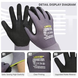 LOCCEF Work Gloves MicroFoam Nitrile Coated-6 Pairs,Seamless Knit Nylon Gloves,Gray Work gloves (9/L, Gary-6 Pairs)