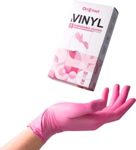 oristout disposable gloves for women, pink vinyl gloves disposable latex free for cooking, food prep, cleaning, hair dye, tattoo, medium duty, touch screen, medium, 50 pack