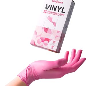 OriStout Disposable Gloves for Women, Pink Vinyl Gloves Disposable Latex Free for Cooking, Food Prep, Cleaning, Hair Dye, Tattoo, Medium Duty, Touch Screen, Medium, 50 Pack