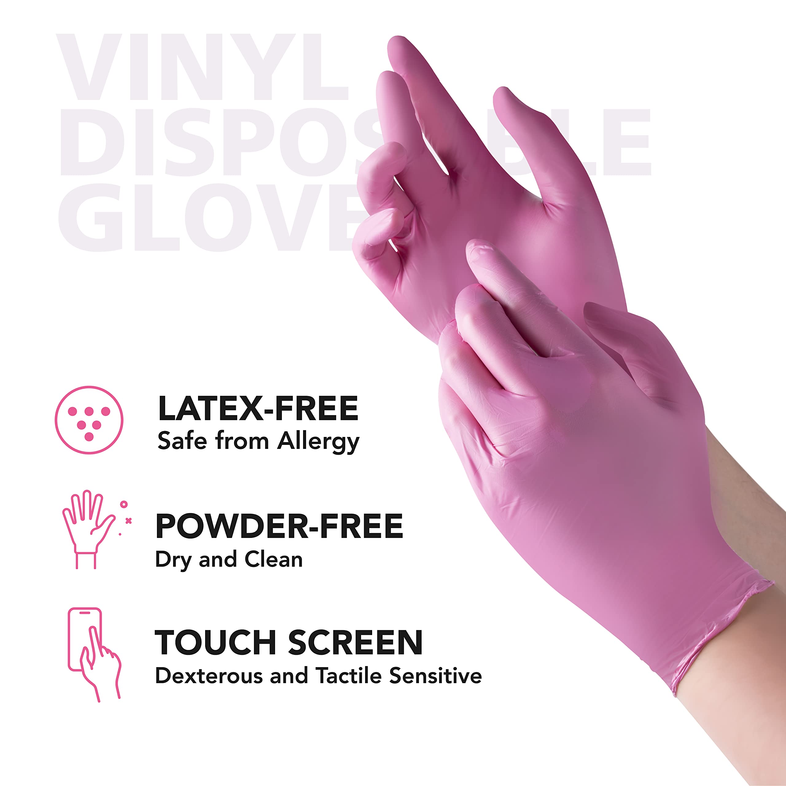 OriStout Disposable Gloves for Women, Pink Vinyl Gloves Disposable Latex Free for Cooking, Food Prep, Cleaning, Hair Dye, Tattoo, Medium Duty, Touch Screen, Medium, 50 Pack