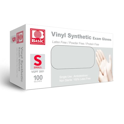 Basic Vinyl Exam Glove Latex Free Powder Free Medical Disposable Gloves VGPF3001 Box of 100 (Clear, Small)