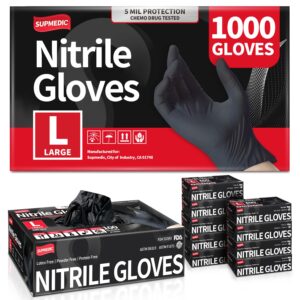 supmedic black nitrile exam glove, 5 mil powder-free latex-free disposable medical gloves, case of 1000 pcs (large)