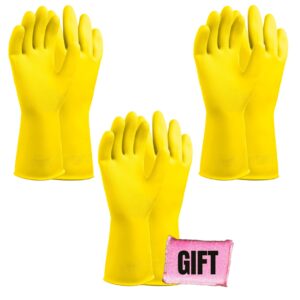 rubberplus 3-pairs reusable household yellow gloves rubber dishwashing gloves extra thickness long sleeves kitchen cleaning (caliber 35, x-large)