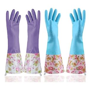 kingfinger dishwashing cleaning gloves, 2 pair reusable rubber gloves pvc waterproof long cuff and flock lining household cleaning gloves(blue + purple)