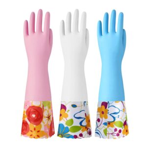 bamllum 3 pairs rubber cleaning gloves, household kitchen dishwashing gloves with cotton flocked liner, long cuff 16 inches, reusable, non-slip (small, blue+pink+white)