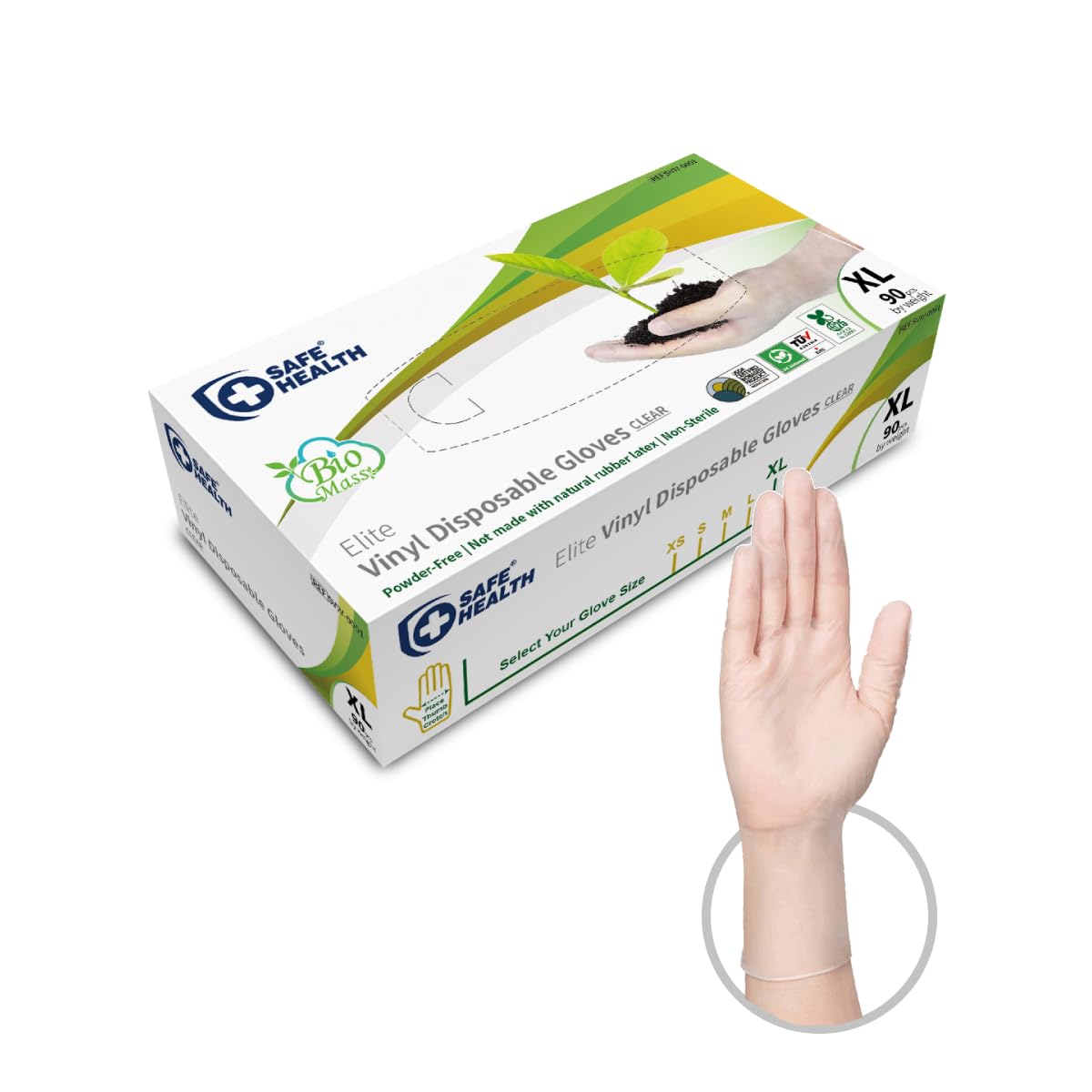 Safe Health Biomass Eco-Friendly Vinyl Disposable Gloves, USDA Certified Biobased Product, Latex Free, Powder Free, Clear, Box of 100, X-Large, 3 mil