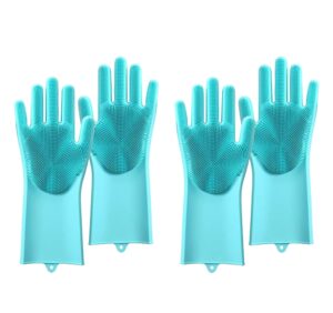 aconcept 2 pair dishwashing cleaning gloves for kitchen, rubber reusable scrubber glove with marker pen, silicone soft bristles gloves for household cleaning, pet care, car, vegetable washing, green