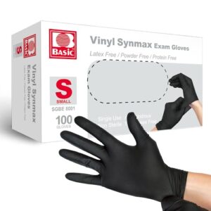 basic vinyl exam gloves, 4 mil safty glove latex-free & powder-free, sgbe 8001 synmax disposable medical glove small (box of 100, black)