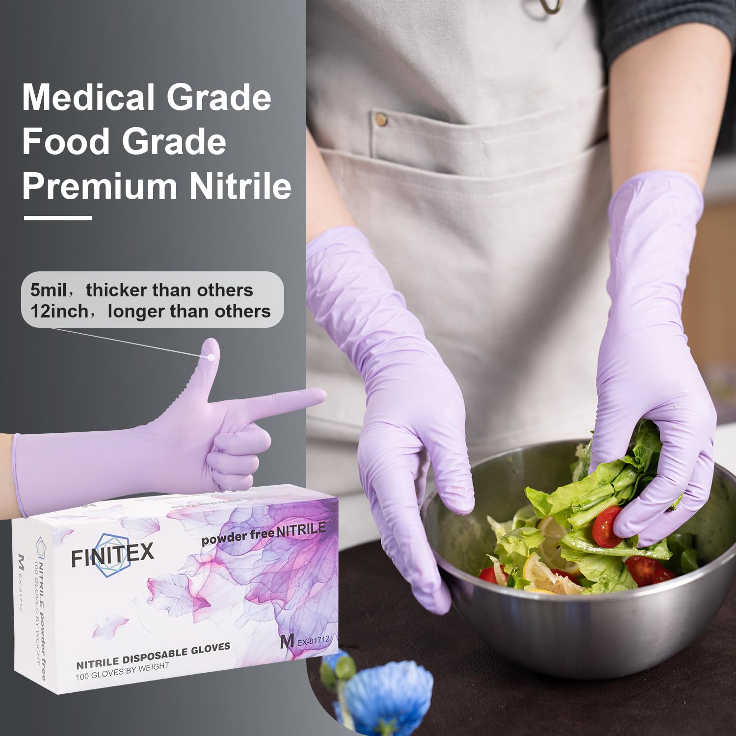 FINITEX Nitrile Disposable Latex Free Gloves Purple - 5mil 100PCS/Box Latex Free Powder Free 12inch Gloves Guantes de Nitrilo Cleaning Medical Exam Food Cooking Gloves (Medium, Box of 100)