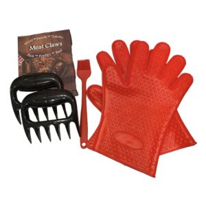 fgs red silicon bbq gloves/mitts with extreme heat resistance + meat shredder claws + silicone basting brush