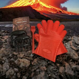 FGS Red Silicon BBQ Gloves/Mitts with Extreme Heat Resistance + Meat Shredder Claws + Silicone Basting Brush