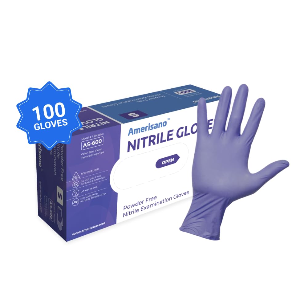 Amerisano Medical Exams Nitrile Gloves|510(k), Disposable, Latex & Powder Free, 4 mil, |Box of 300, Medium|Purple (100, Medium)