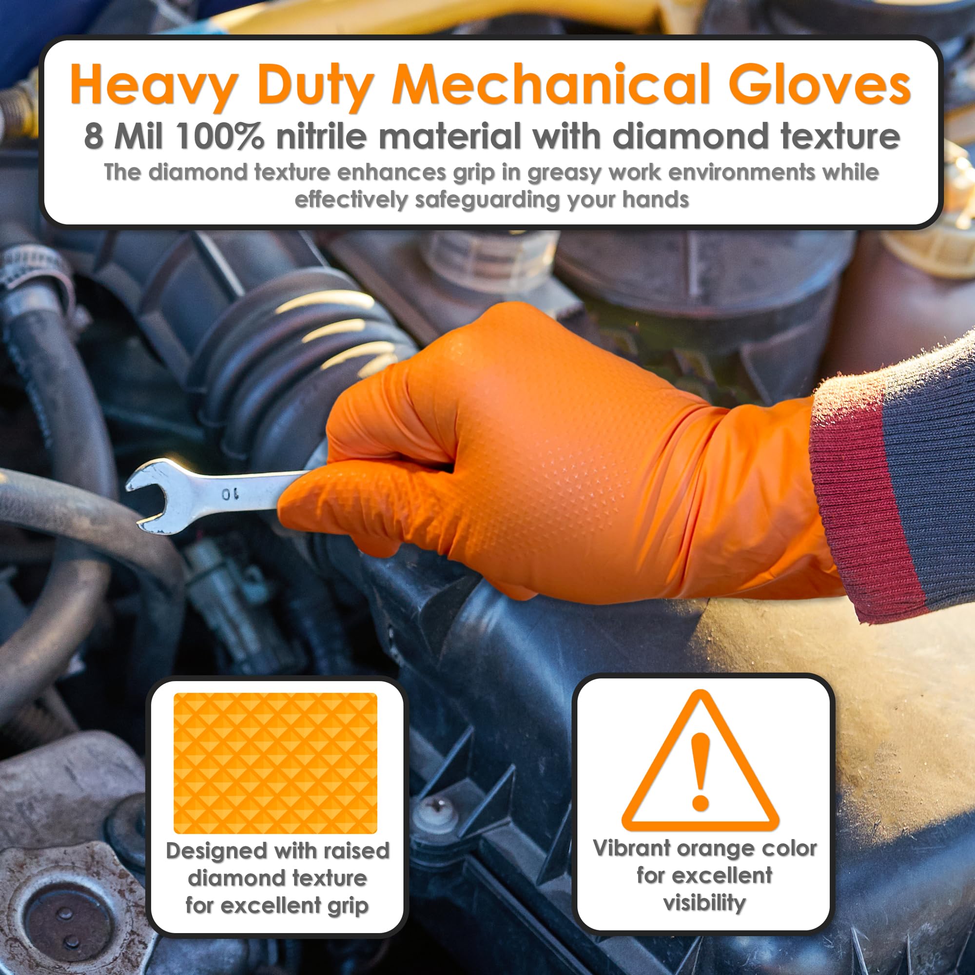 INNOVATIVE HAUS Heavy Duty Nitrile Gloves. Orange 8 Mil. Shop Gloves Mechanic Disposable. Mechanic Rubber Gloves Disposable. Large. Pack of 1000