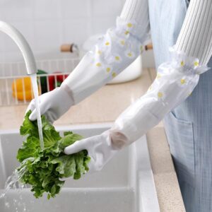 Dishwashing Rubber Cute Patterned Gloves,3 Pairs Reusable Kitchen Cleaning Gloves Long Cuff and PVC with Soft Lining