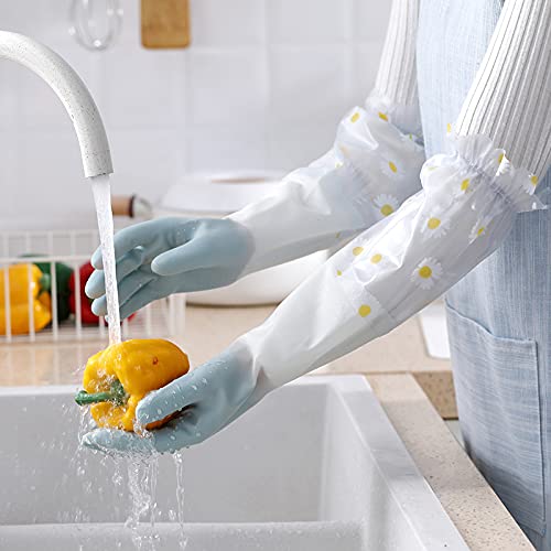 Dishwashing Rubber Cute Patterned Gloves,3 Pairs Reusable Kitchen Cleaning Gloves Long Cuff and PVC with Soft Lining