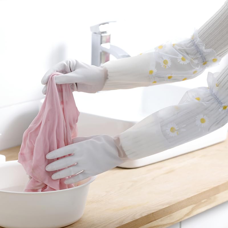 Dishwashing Rubber Cute Patterned Gloves,3 Pairs Reusable Kitchen Cleaning Gloves Long Cuff and PVC with Soft Lining