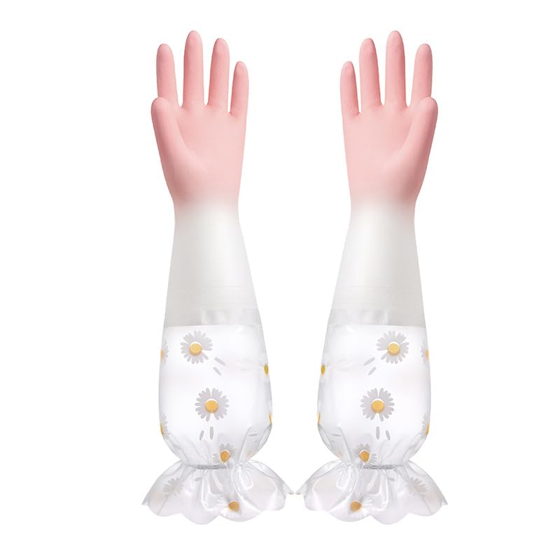 Dishwashing Rubber Cute Patterned Gloves,3 Pairs Reusable Kitchen Cleaning Gloves Long Cuff and PVC with Soft Lining