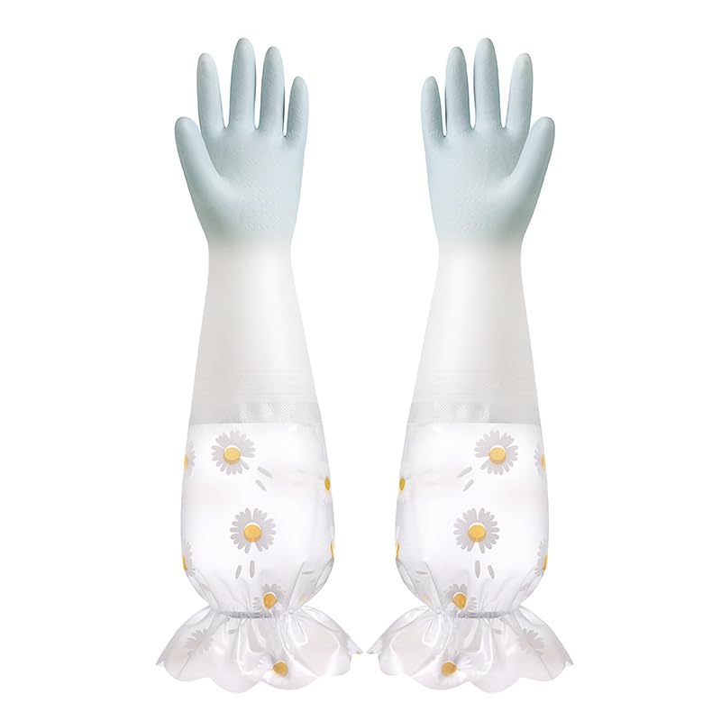 Dishwashing Rubber Cute Patterned Gloves,3 Pairs Reusable Kitchen Cleaning Gloves Long Cuff and PVC with Soft Lining