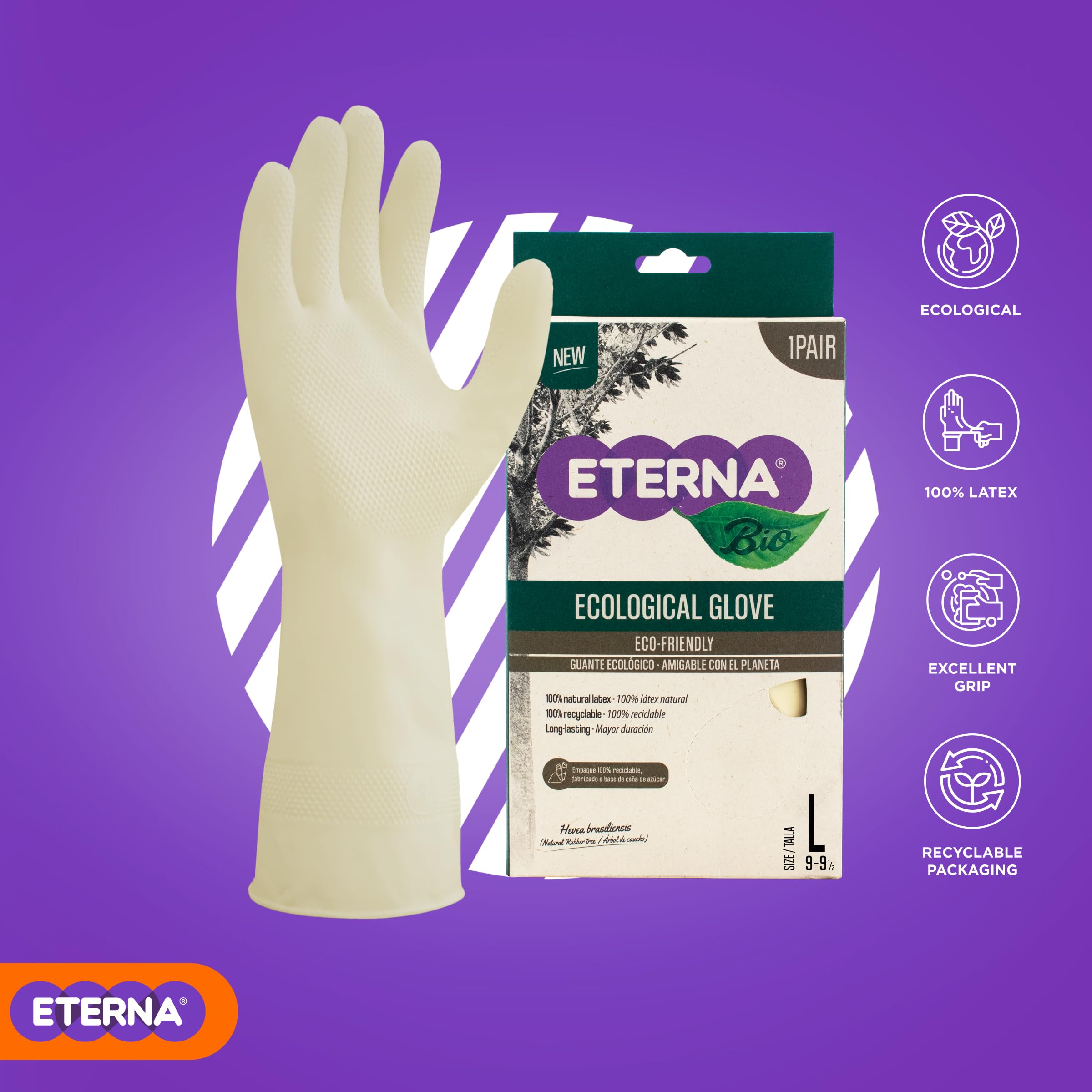 ETERNA Ecological Gloves, Gloves for Kitchen and Household Cleaning, Excelent Grip, Eco-Friendly, 100% Natural, Size L, 2.12 Oz (Pack of 3)