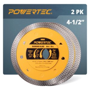 powertec 4-1/2 inch super thin diamond saw blades for angle grinder, turbo mesh rim tile blade for porcelain and ceramic tile cutting, 4.5" diamond blade, 2 pack (14000-p2)