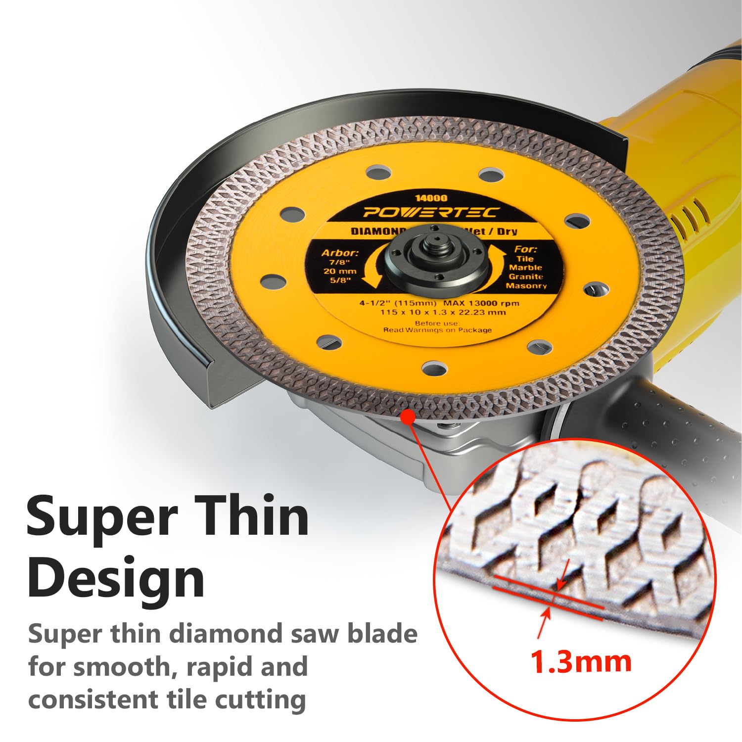 POWERTEC 4-1/2 Inch Super Thin Diamond Saw Blades for Angle Grinder, Turbo Mesh Rim Tile Blade for Porcelain and Ceramic Tile Cutting, 4.5" Diamond Blade, 2 Pack (14000-P2)