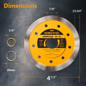 POWERTEC 4-1/2 Inch Super Thin Diamond Saw Blades for Angle Grinder, Turbo Mesh Rim Tile Blade for Porcelain and Ceramic Tile Cutting, 4.5" Diamond Blade, 2 Pack (14000-P2)