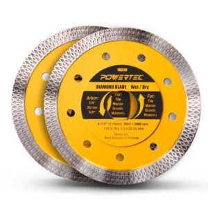 POWERTEC 4-1/2 Inch Super Thin Diamond Saw Blades for Angle Grinder, Turbo Mesh Rim Tile Blade for Porcelain and Ceramic Tile Cutting, 4.5" Diamond Blade, 2 Pack (14000-P2)