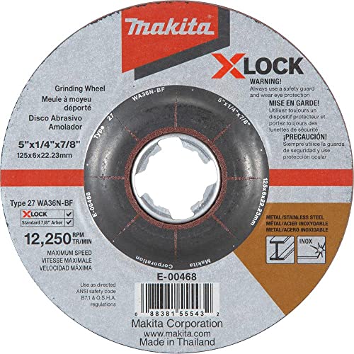 Makita E-00468 X-LOCK 5" x 1/4" x 7/8" Type 27 General Purpose 36 Grit Abrasive Grinding Wheel for Metal & Stainless Steel Grinding