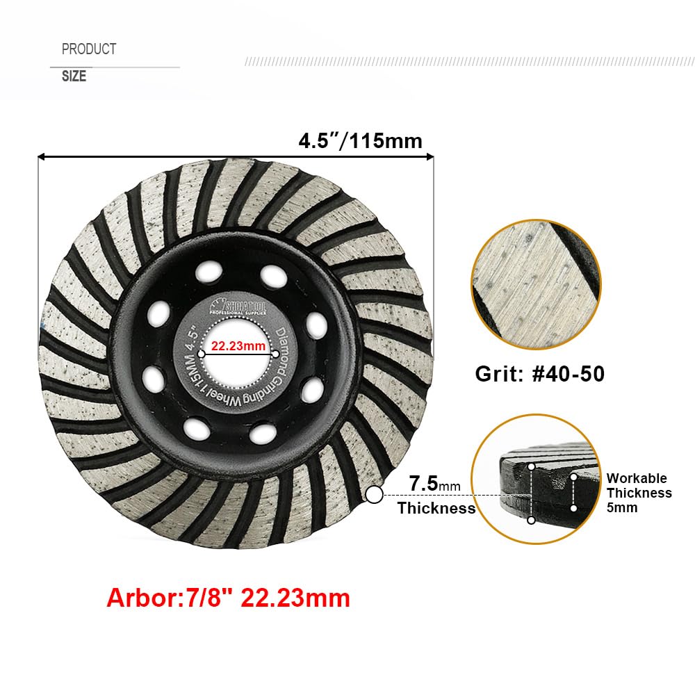 SHDIATOOL Diamond Turbo Saw Blade 5 - Inch Cutting Disc for Porcelain Ceramic Tile and 4-1/2 Inch Turbo Row Diamond Grinding Cup Wheel for Concrete