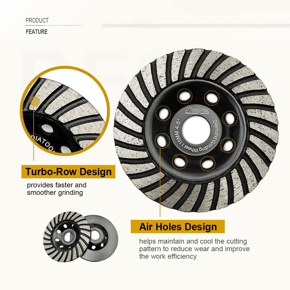 SHDIATOOL Diamond Turbo Saw Blade 5 - Inch Cutting Disc for Porcelain Ceramic Tile and 4-1/2 Inch Turbo Row Diamond Grinding Cup Wheel for Concrete