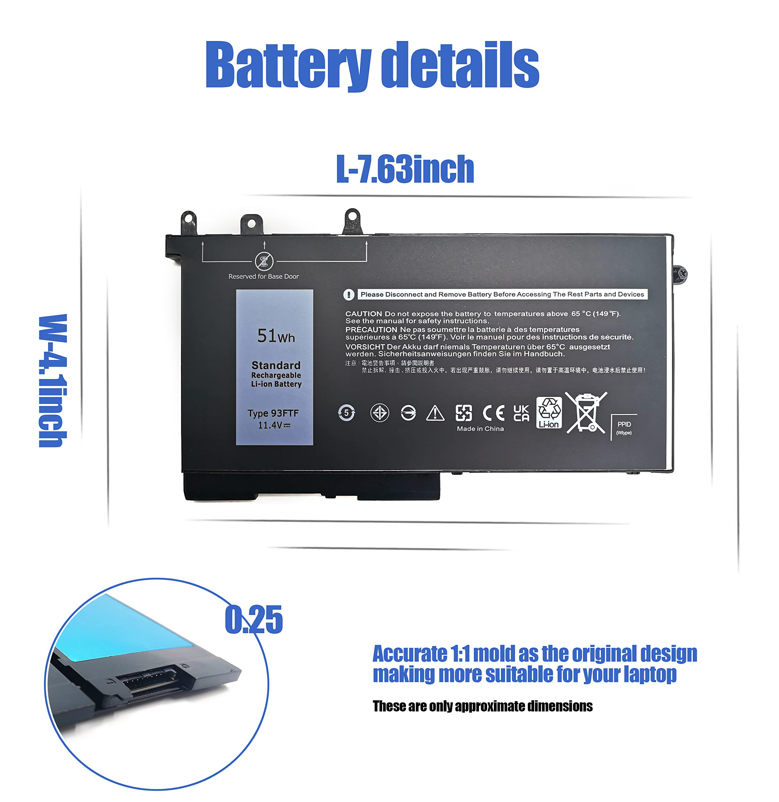 JGTM 51Wh 93FTF Laptop Battery Replacement for Dell Latitude 5580 5590 5480 5490 5280 5288 5488 5491 5495 5591 E5280 E5480 E5580 Precision 15 3520 3530 M3520 M3530 D4CMT GJKNX 3DDDG 83XPC 4YFVG 11.4V