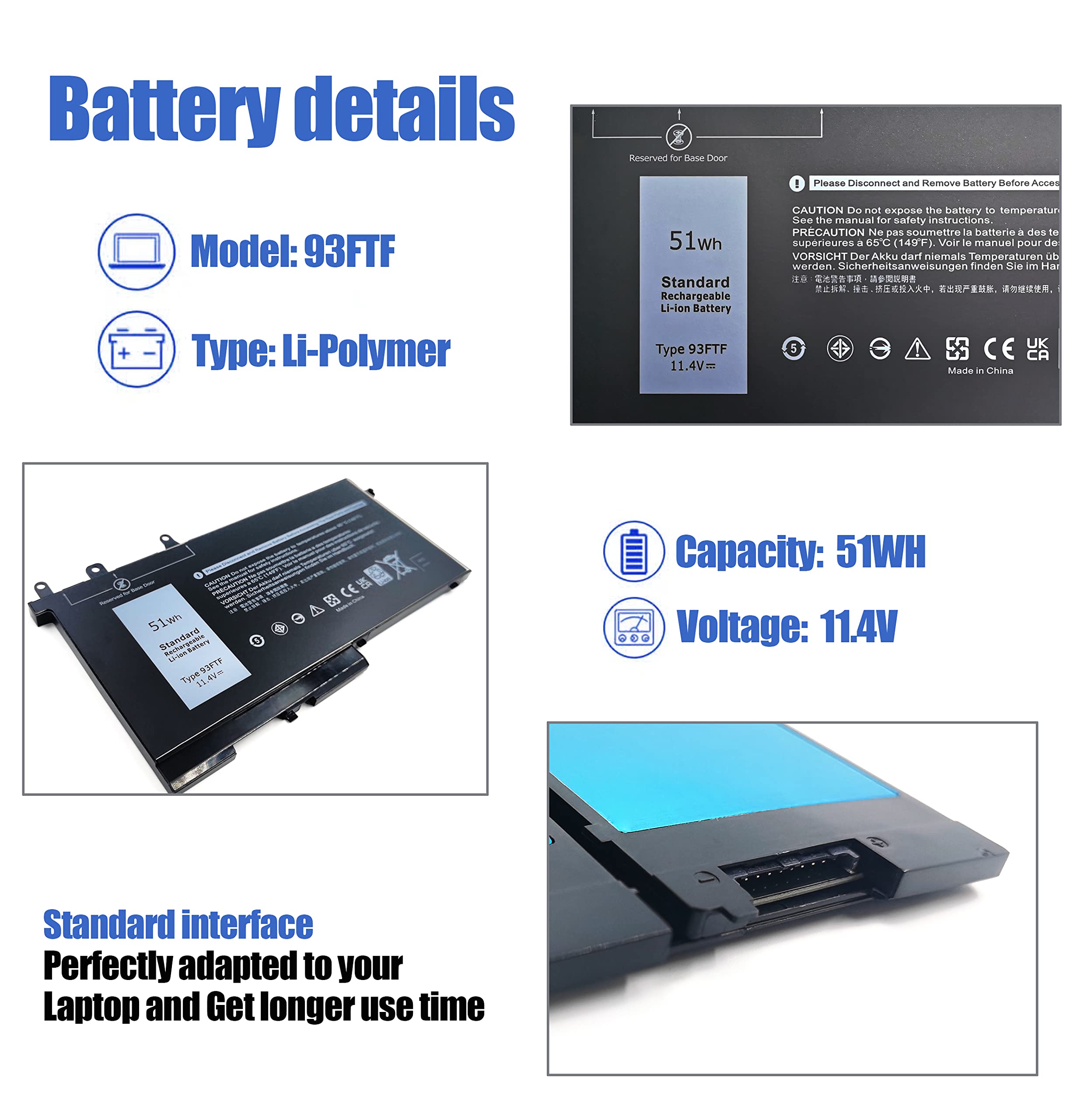 JGTM 51Wh 93FTF Laptop Battery Replacement for Dell Latitude 5580 5590 5480 5490 5280 5288 5488 5491 5495 5591 E5280 E5480 E5580 Precision 15 3520 3530 M3520 M3530 D4CMT GJKNX 3DDDG 83XPC 4YFVG 11.4V