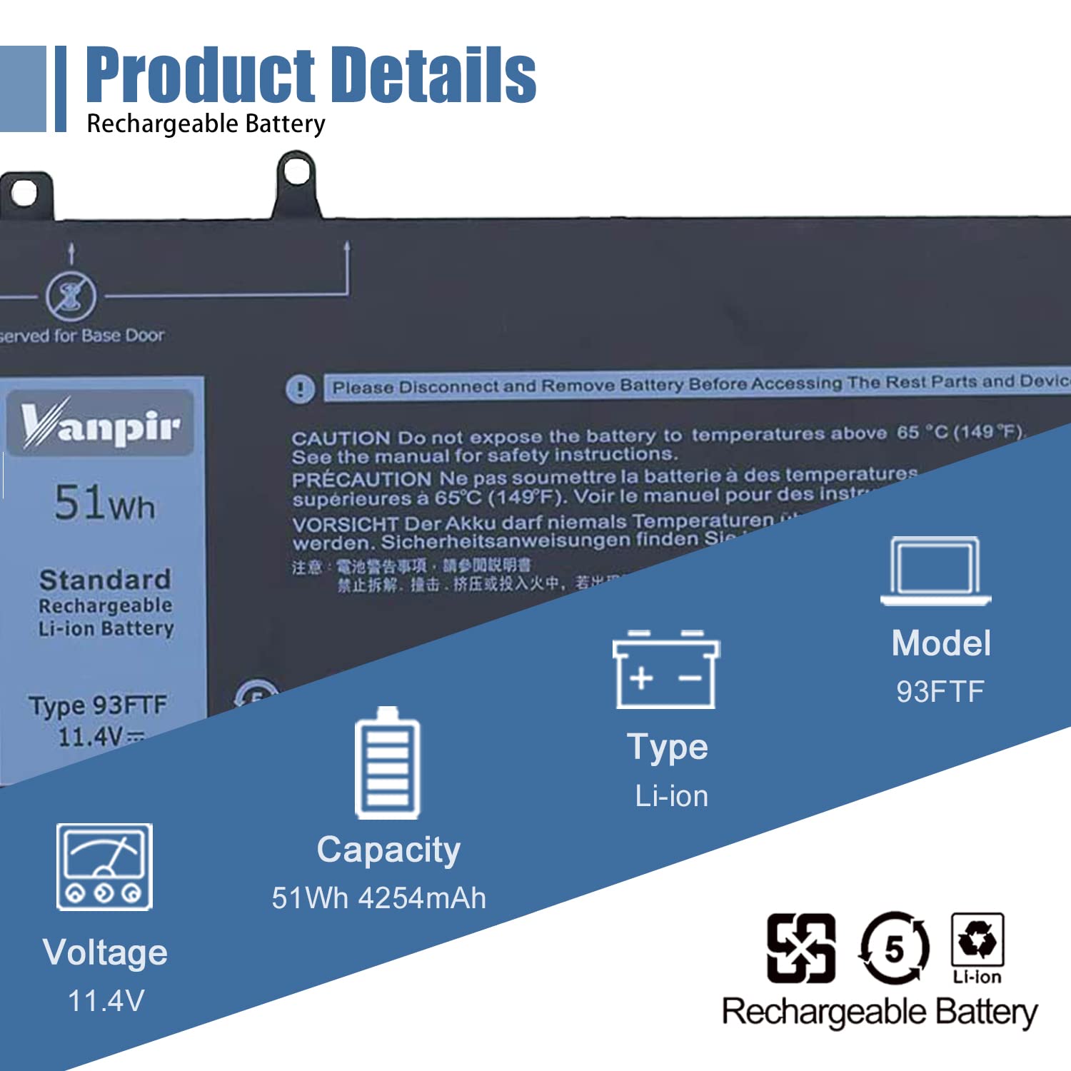 VANPIR 51Wh 93FTF Battery for Dell Latitude 5280 5288 5480 5580 5590 5490 5290 5488 5491 E5280 E5288 E5480 E5580 E5490 E5590 E5290 E5491 Precision 3520 3530 M3520 M3530 Series D4CMT 83XPC 4YFVG DJWGP