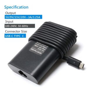 65W USB-C Charger for Dell XPS 13 9300 7390 9350 9360 9365 9370 9380,Latitude 7400 7480 7490 7389 7370 7275 5300 5400 5290 5480 5580 5490 5590,Chromebook 3100 3400 3380 5190 2-in-1 Laptop AC Adapter