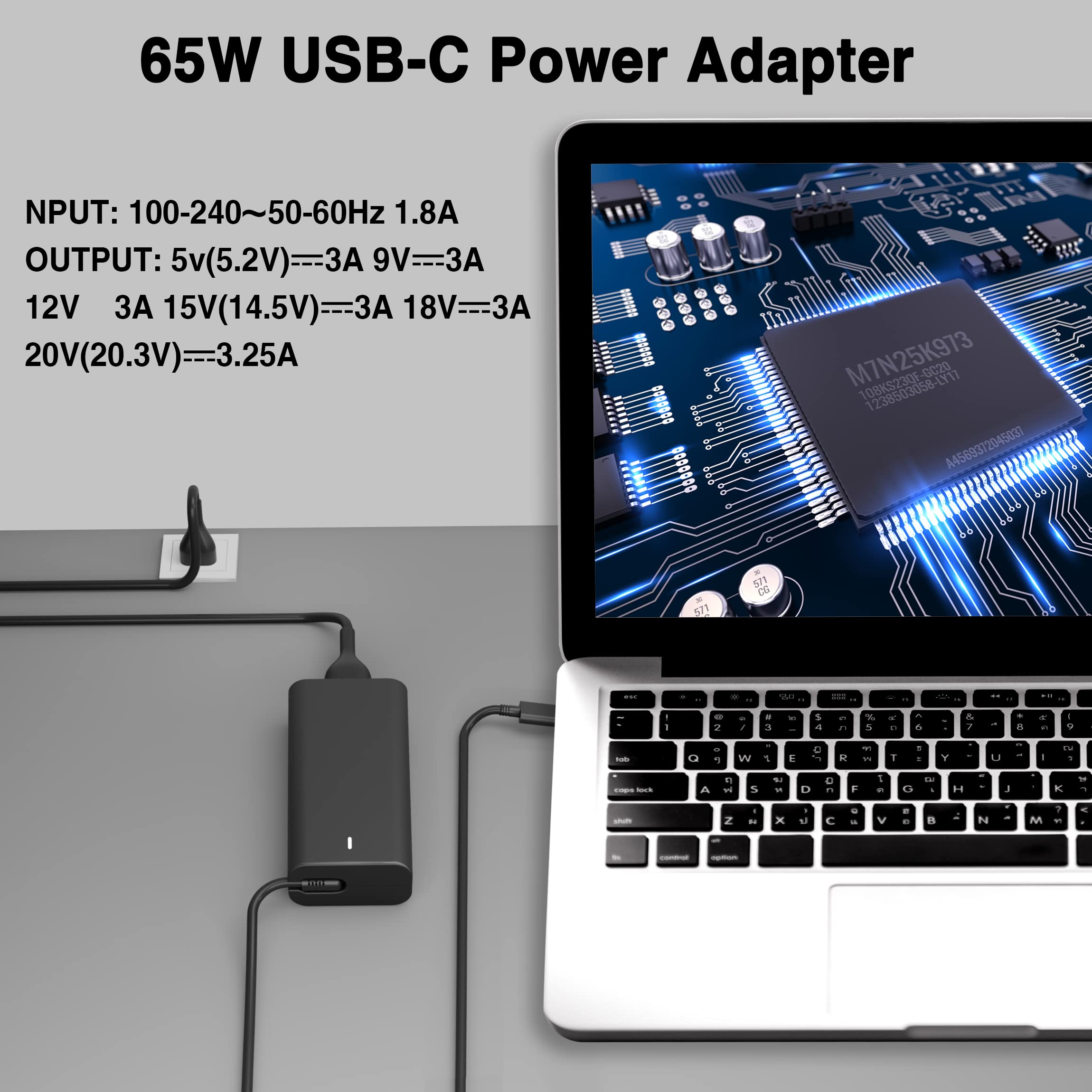 65W USB-C Laptop Charger Replacement for Dell XPS and Latitude 5000 and Chromebook - Power Cord Included