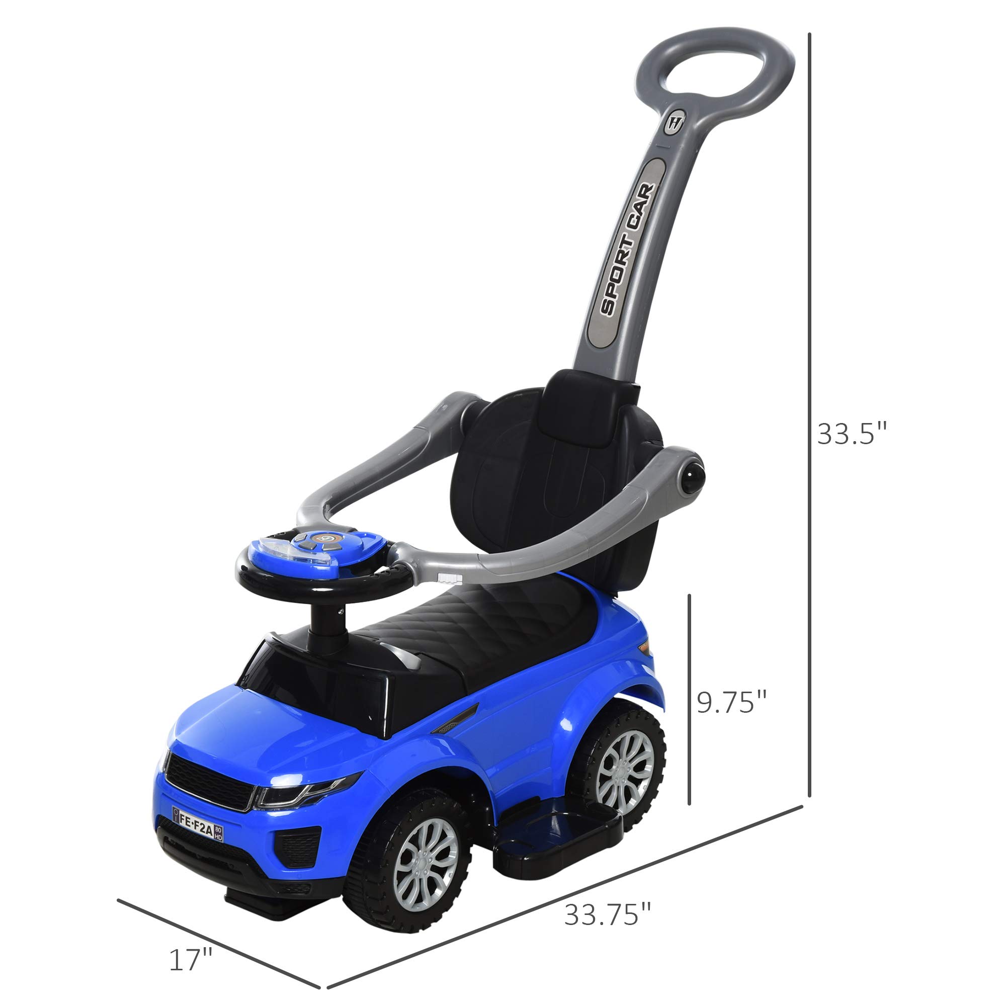 Aosom 3 in 1 Push Cars for Toddlers Kid Ride on Push Car Stroller Sliding Walking Car with Horn Music Light Function Secure Bar Ride on Toy for Boy Girl 1-3 Years Old Blue