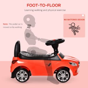 Aosom Kids Ride On Push Car, Foot-to-Floor Walking Sliding Toy Car for Toddler with Working Horn, Music, Headlights and Storage, Red